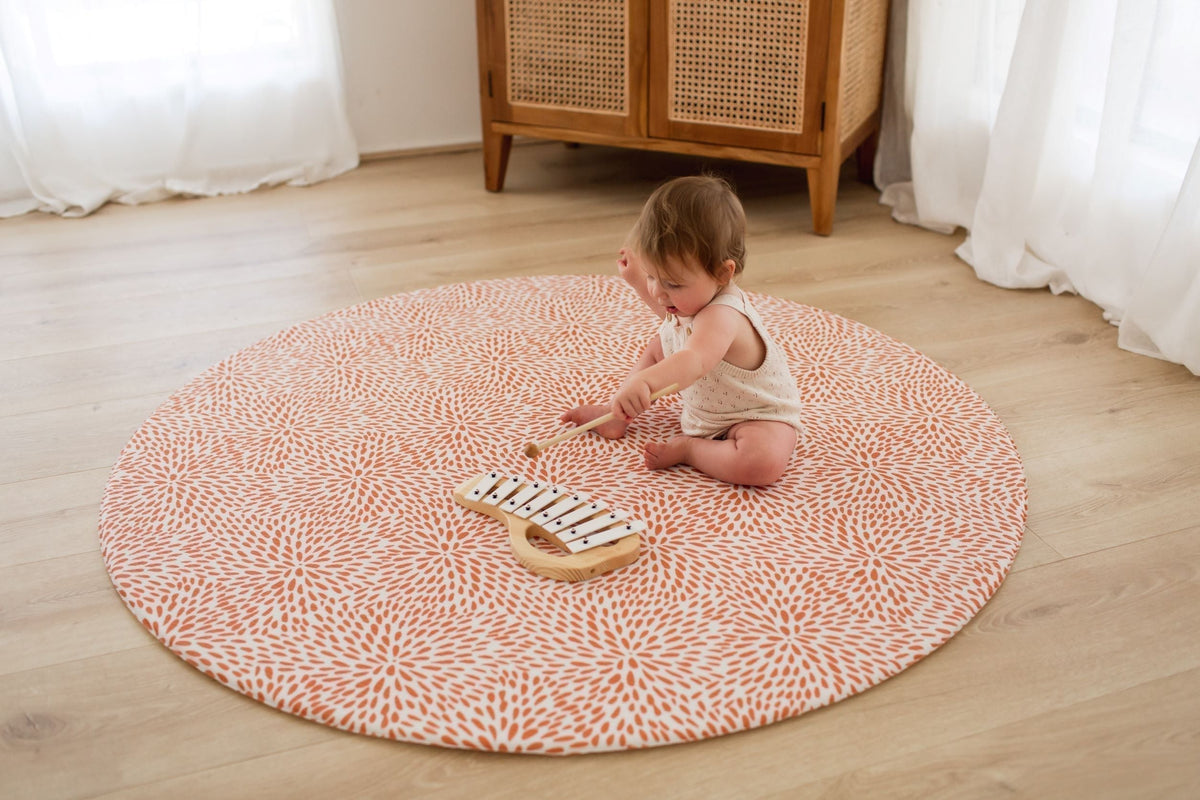 Rust Petal / Neutral Palm Leaf Round Baby Play Mat Australia - Luxe at Play