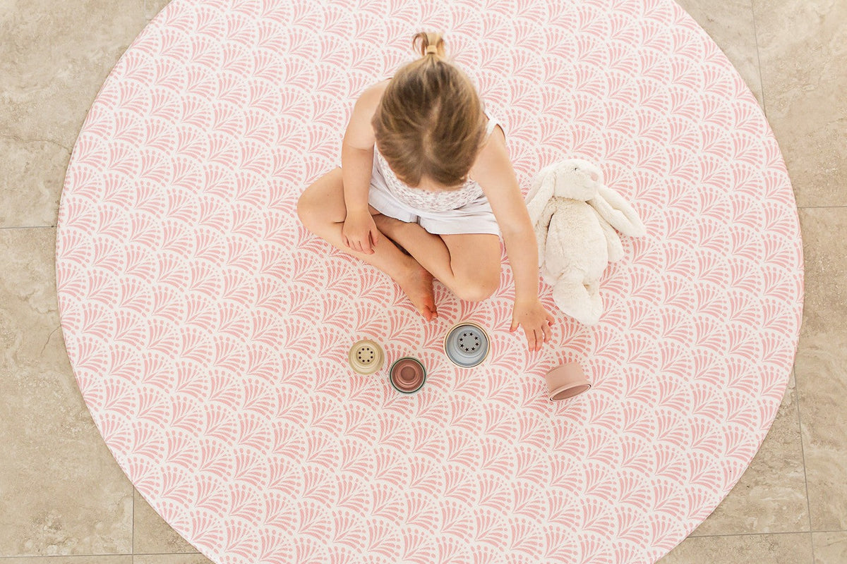 Round Pink Scallops / Neutral Palm Leaf Luxury Play Mat - Luxe at Play